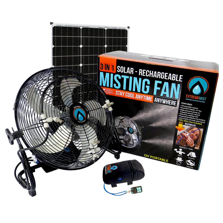 3-n-1 Portable Misting Fan w/ Solar Panel, Mist Pump & 16ft Mist Line ...